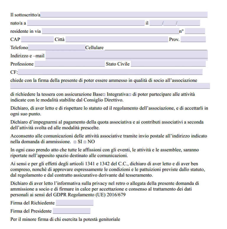 Domanda di Ammissione a Socio di Associazione PDF e Word