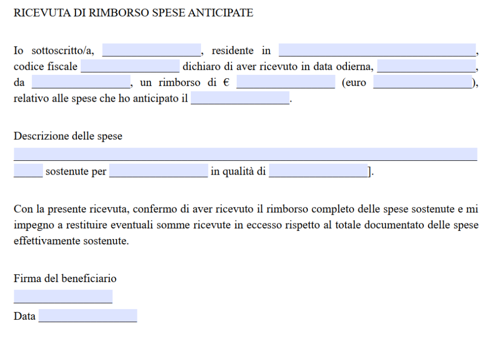 Ricevuta per Rimborso Spese PDF e Word - Modulo