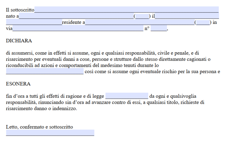 Dichiarazione di Esonero Responsabilità Generica PDF e Word - Fac Simile Dichiarazione di Esonero Responsabilità Generica PDF e Word - Fac Simile