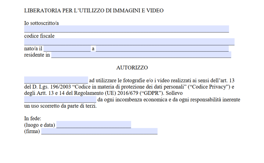 Liberatoria per Utilizzo Immagini PDF e Word - Modello