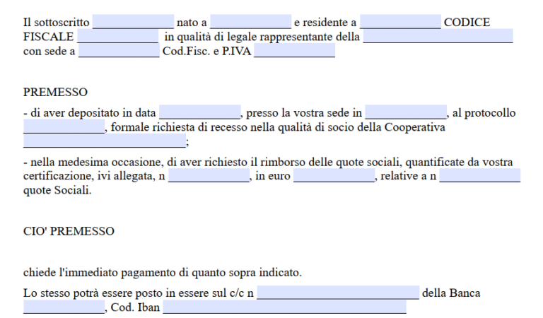 Rimborso Quota Sociale Cooperativa PDF e Word - Modulo